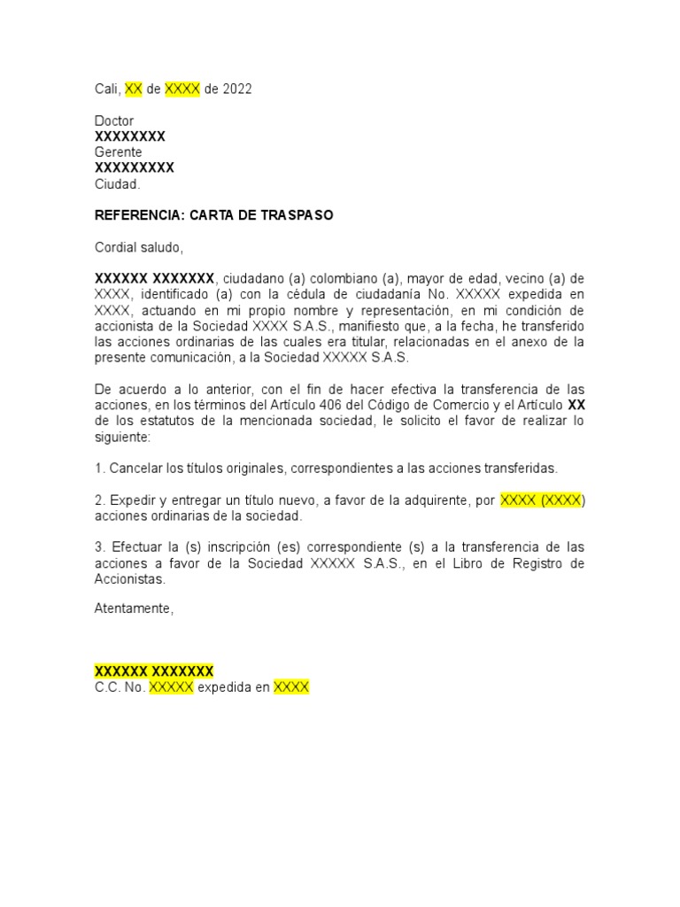 Carta de Traspaso de Acciones SAS | PDF