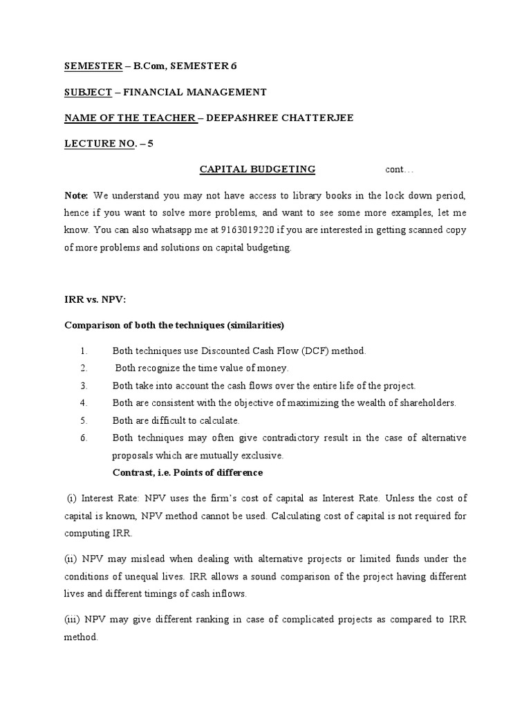 FM DC Lecture 5 Capital Budgeting PDF | PDF | Net Present Value | Internal Rate Of Return