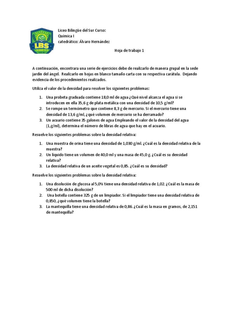 Hoja de Trabajo 1 Densidad | PDF