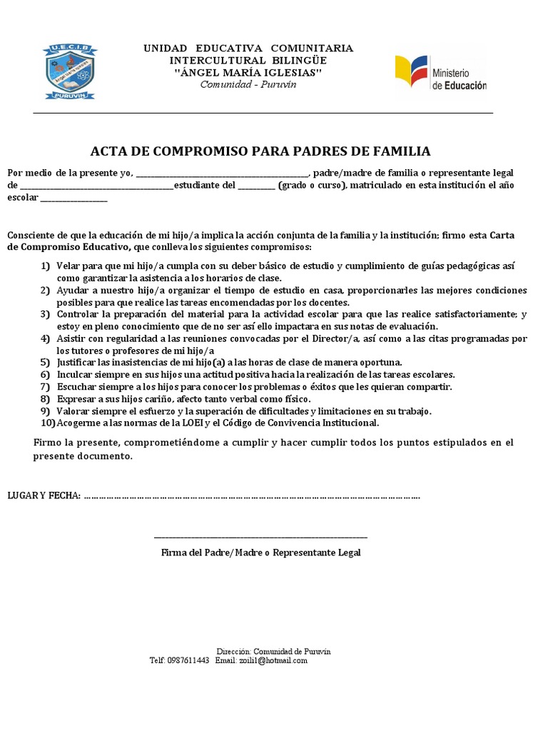 Acta de Compromiso para Padres | PDF