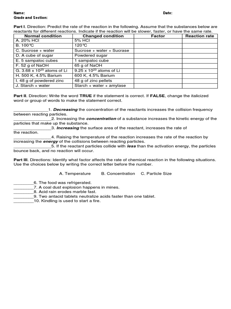 Collision Theory Worksheet Answers | PDF | Science & Mathematics
