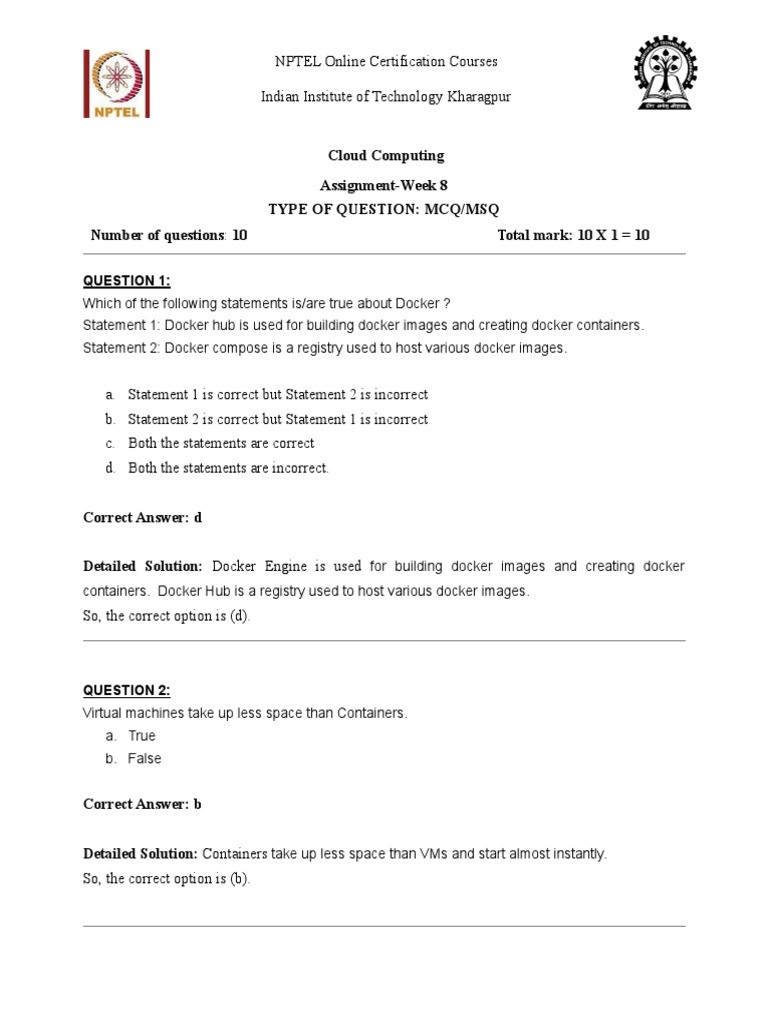 IIT Kharagpur NPTEL Cloud Computing MCQ Assignment | PDF | Cloud Computing | Internet Of Things