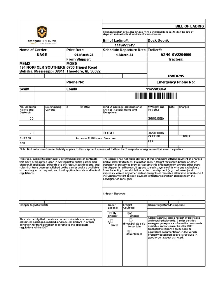 Amazon Bill of Lading Document | PDF | Cargo | Freight Transport