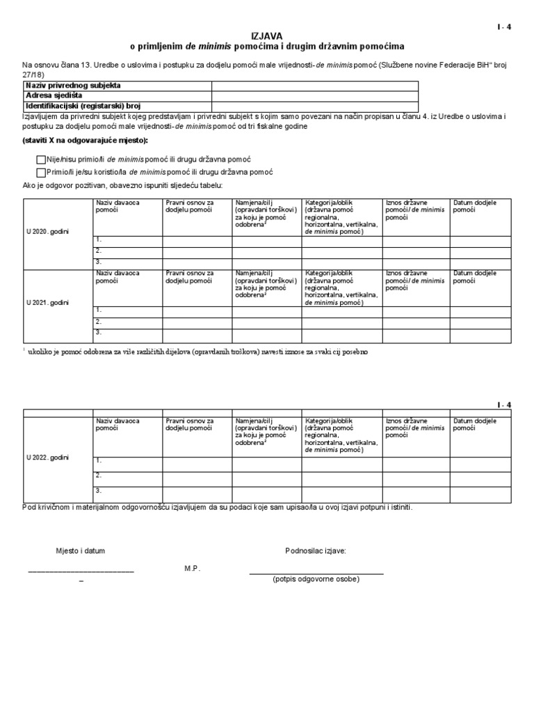 Izjava o Primljenim de Minimis Pomoćima I Drugim Državnim Pomoćima I 4 | PDF