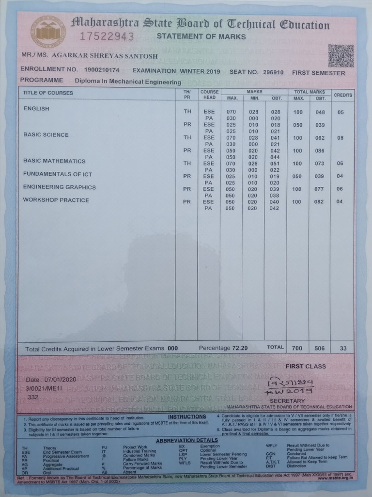 1st SEMESTER Marks Sheet PDF | PDF | Vocational Education | Educational ...