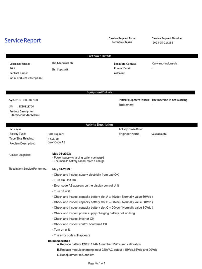 Service Report Pengecekan X-Ray Mobile Hitachi 200ma Biomedilab ...