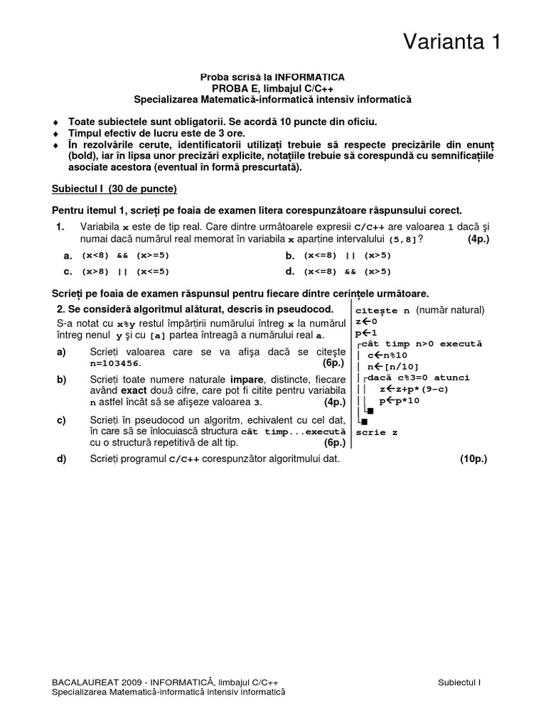 Variante Bac 2009 Informatica Intensiv | PDF