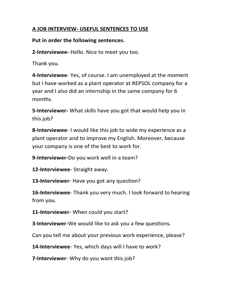 A JOB INTERVIEW-useful Sentences-Exercise-Correction | PDF