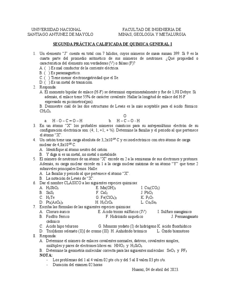 2° Practica Calificada de QG | PDF | Enlace químico | Ácido
