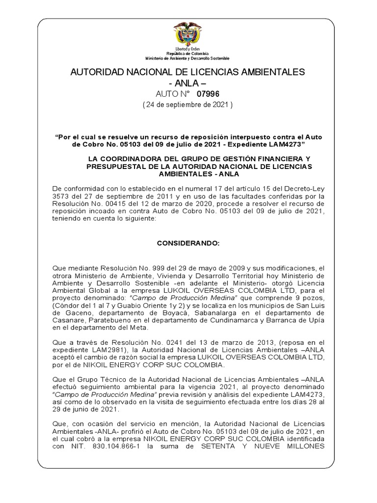 Autoridad Nacional de Licencias Ambientales - Anla - : AUTO #07996 | PDF | Presupuesto | Entorno ...