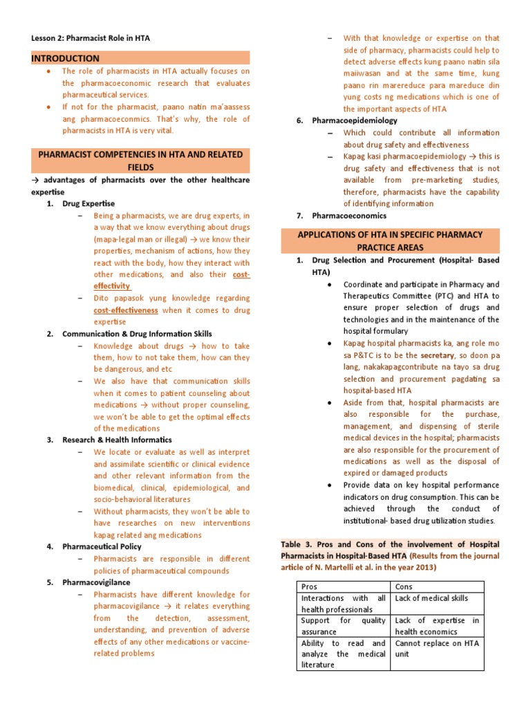 Lesson 2 Pharmacist Role in HTA | PDF | Pharmacy | Public Services