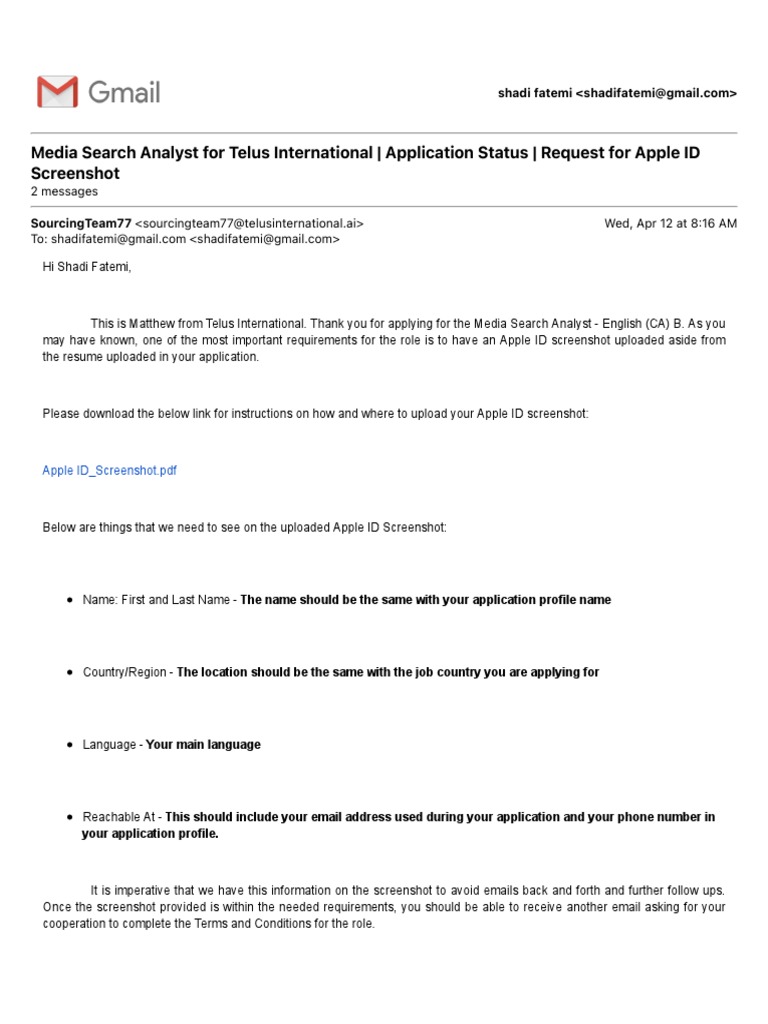 Media Search Analyst For Telus International - Application Status - Request For | PDF ...