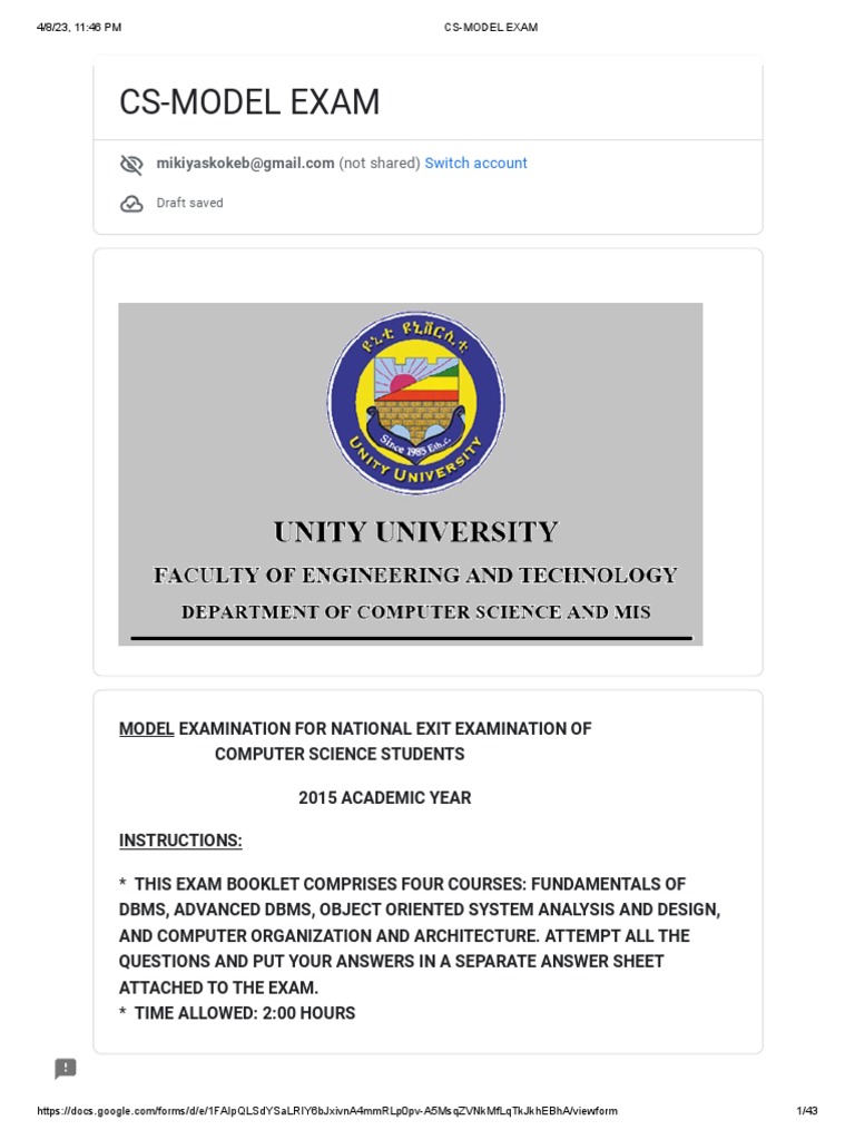 Model Examination for National Exit Examination of Computer Science Students, 2015 Academic Year ...