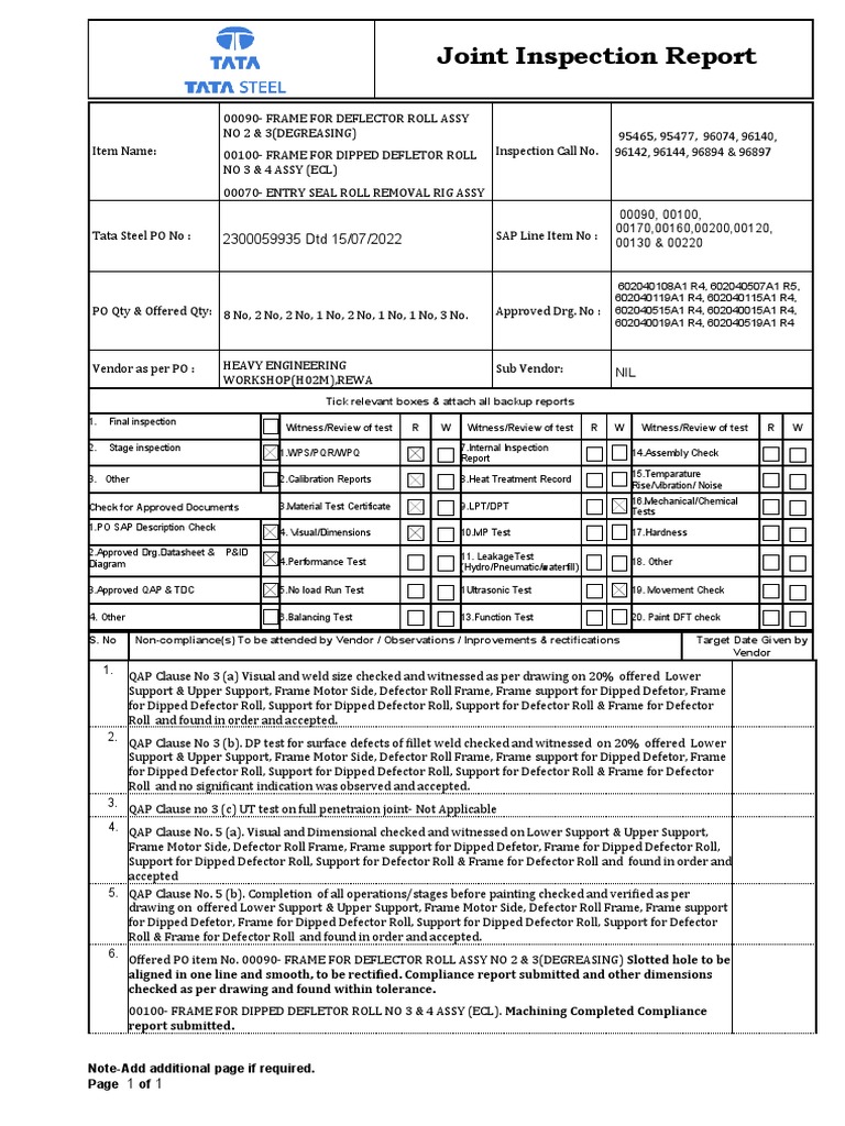 Joint Inspection Report for Tata Steel | PDF | Business Process