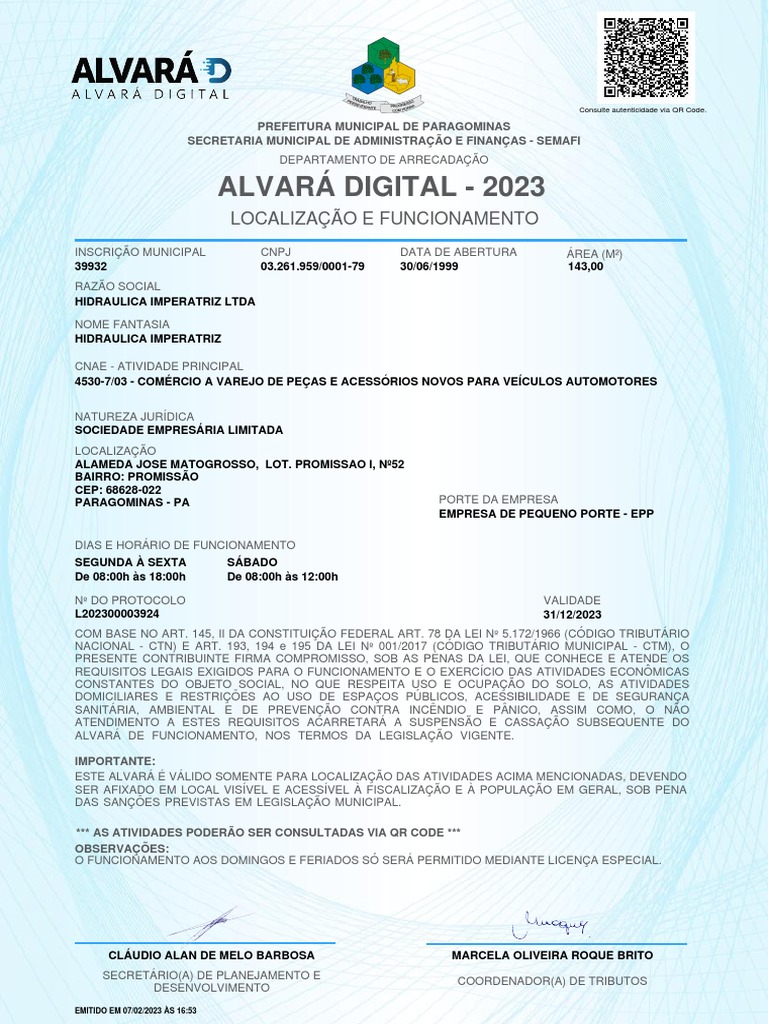 Licença Digital Alvara - Funcionamento 2023 03261959000179 | PDF ... Licença Digital Alvara - Funcionamento 2023 03261959000179 | PDF ...