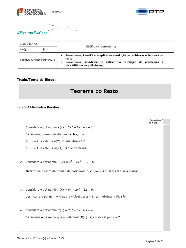 Teorema Do Resto | PDF | Matemática