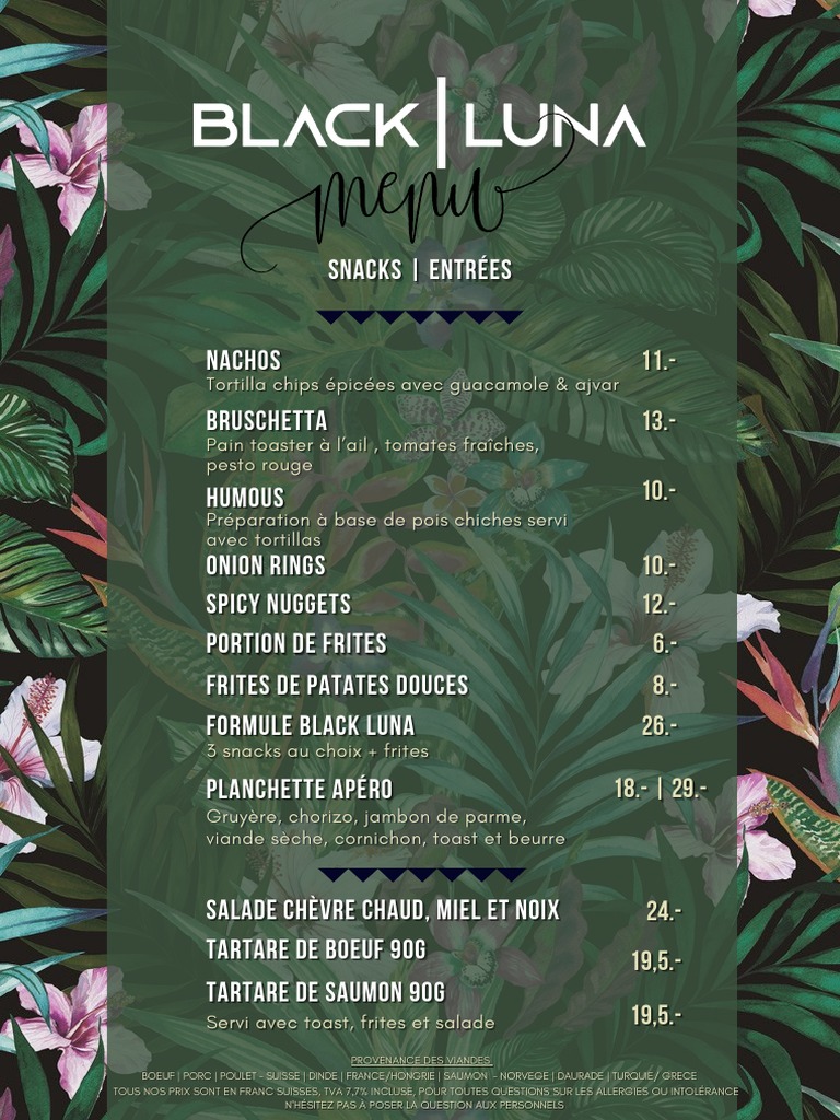 Menu Black Luna : Snacks et Plats | PDF | Hamburgers | Frites