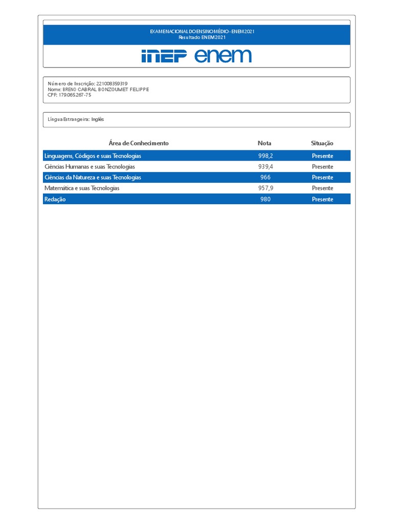 Boletim de Notas Do Enem PDF | PDF