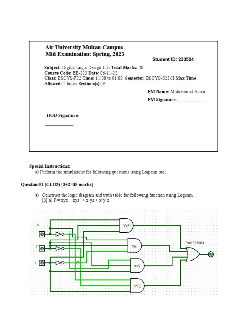 DLD Lab Mid Exam | PDF | Boolean Algebra | Teaching Mathematics
