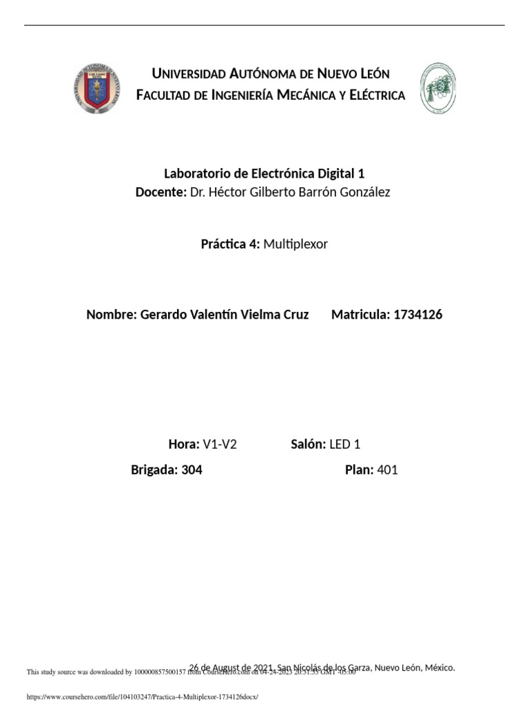 Practica 4 Multiplexor 1734126 | PDF | Puerta lógica | Lógica