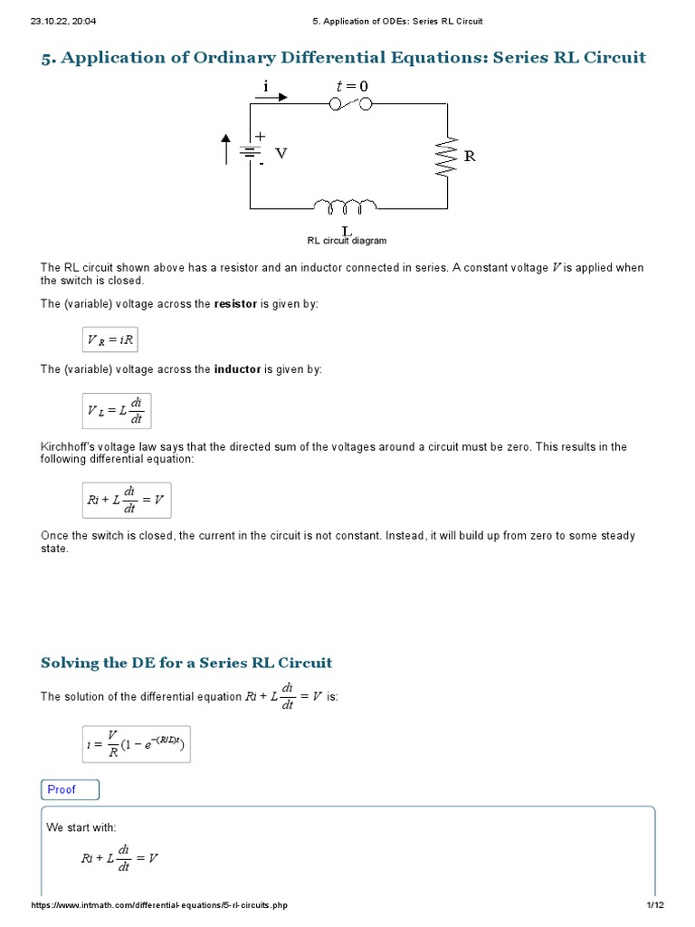Application of ODEs - Series RL Circuit | PDF | Electrical Network | Ordinary Differential Equation