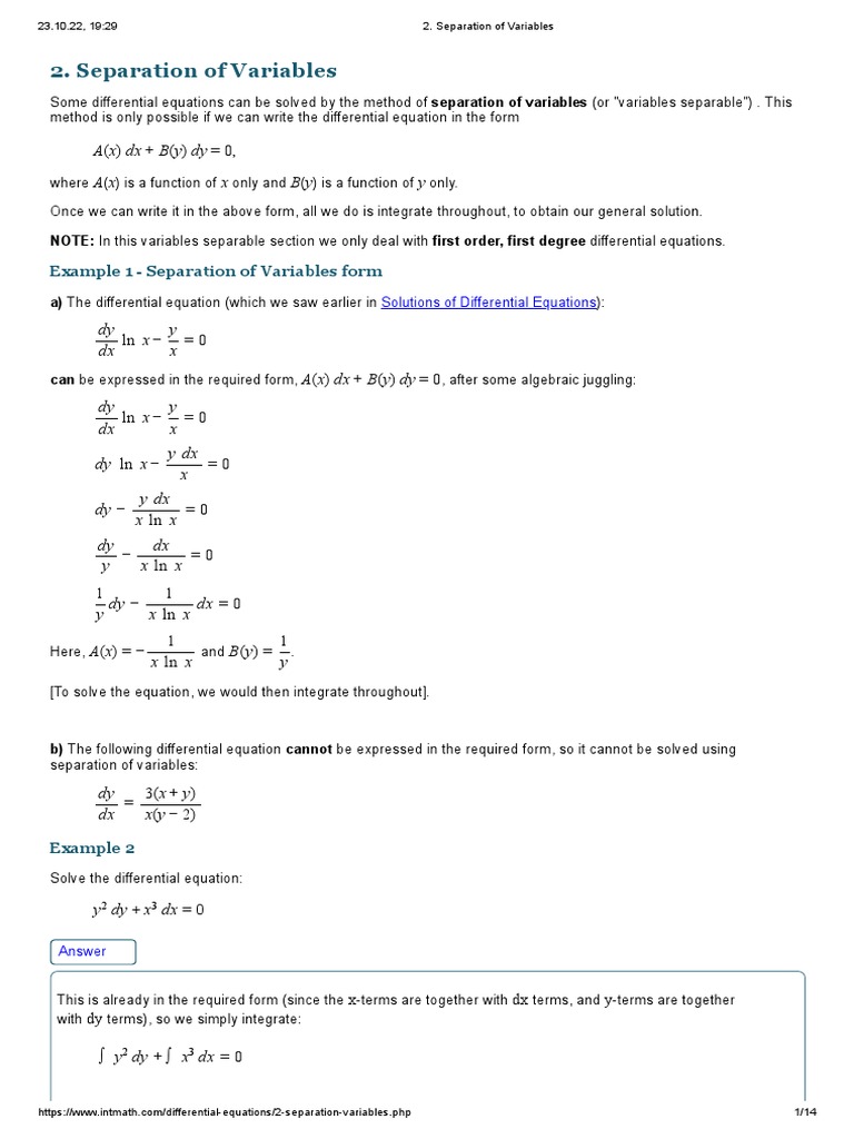 Separation of Variables in Differential Equations | PDF | Equations ...