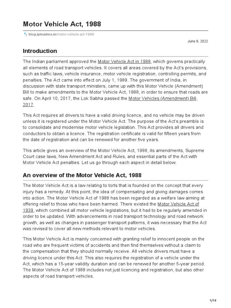Overview of Motor Vehicle Act, 1988 | PDF | Driver's License | Vehicle ...