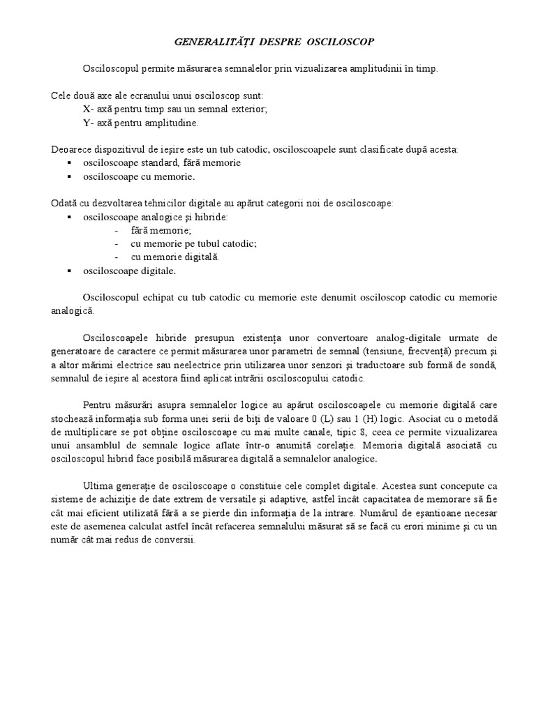 Fisa de Documentare 1 Generalitati Osciloscop | PDF