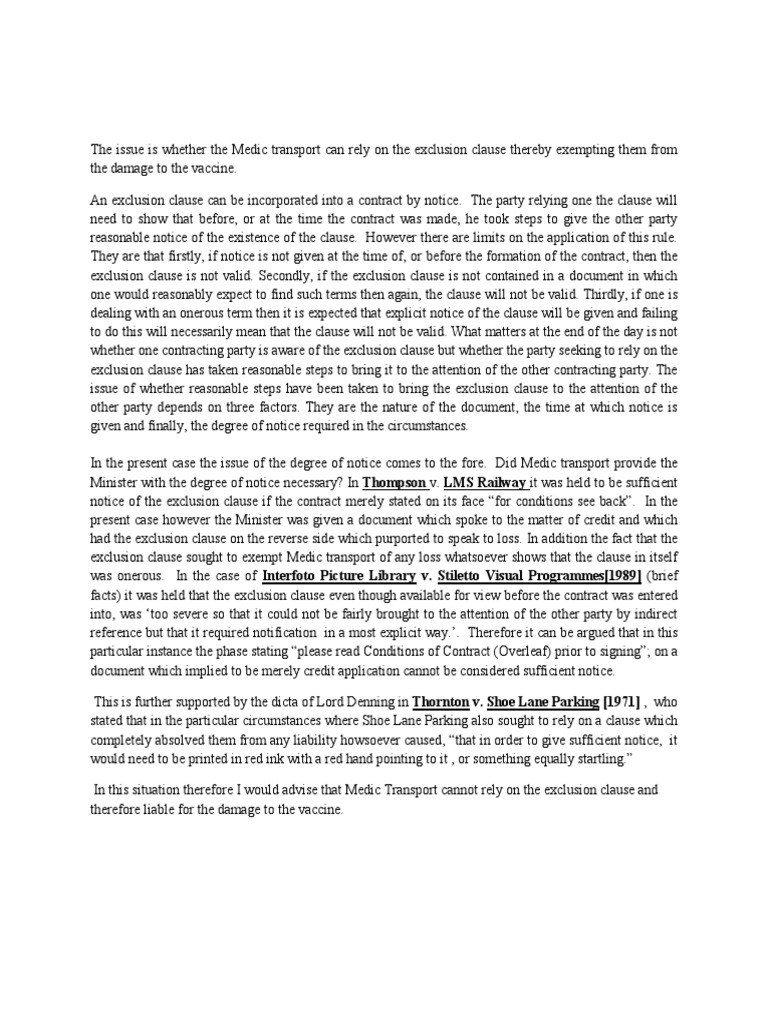 Sample Answer - Exclusion Clause | PDF | Legal Concepts | Civil Law ...