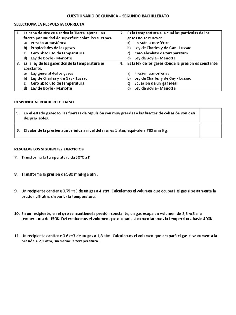 Cuestionario Quimica 2bgu PDF | PDF
