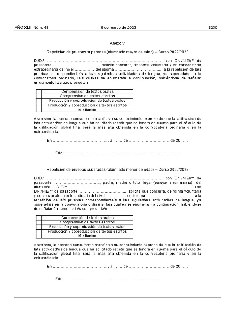 Anexo V Repetición de Pruebas Superadas DOCM PDF | PDF