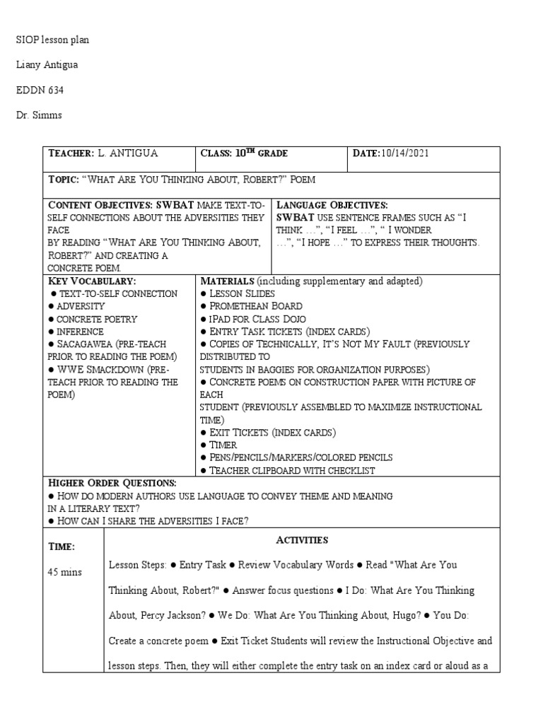 Siop Lesson Plan Antigua Eddn634 | PDF | Teachers | Reading Comprehension