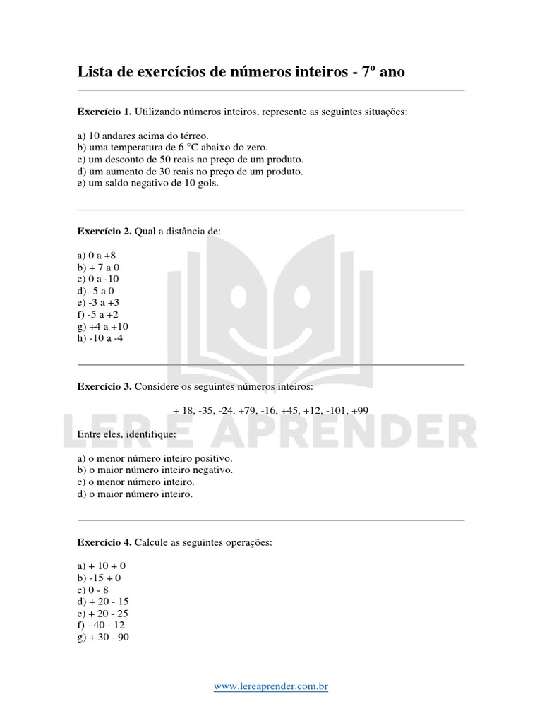 Lista de Exercícios de NÚMEROS INTEIROS 7º ANO | PDF