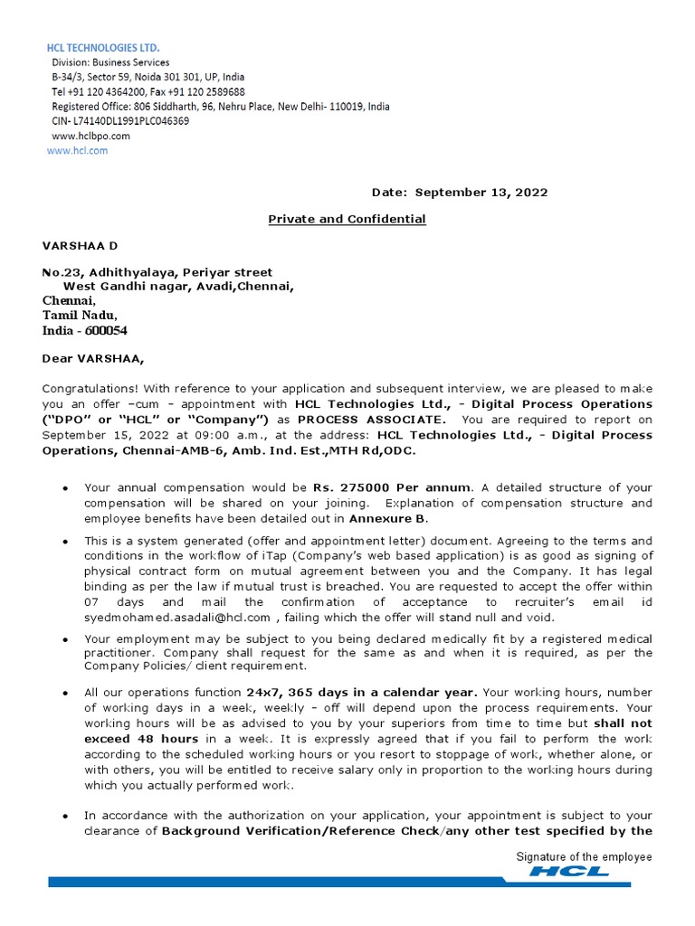 Varshaa D Offer Letter PDF | Descargar gratis PDF | Employment | Business