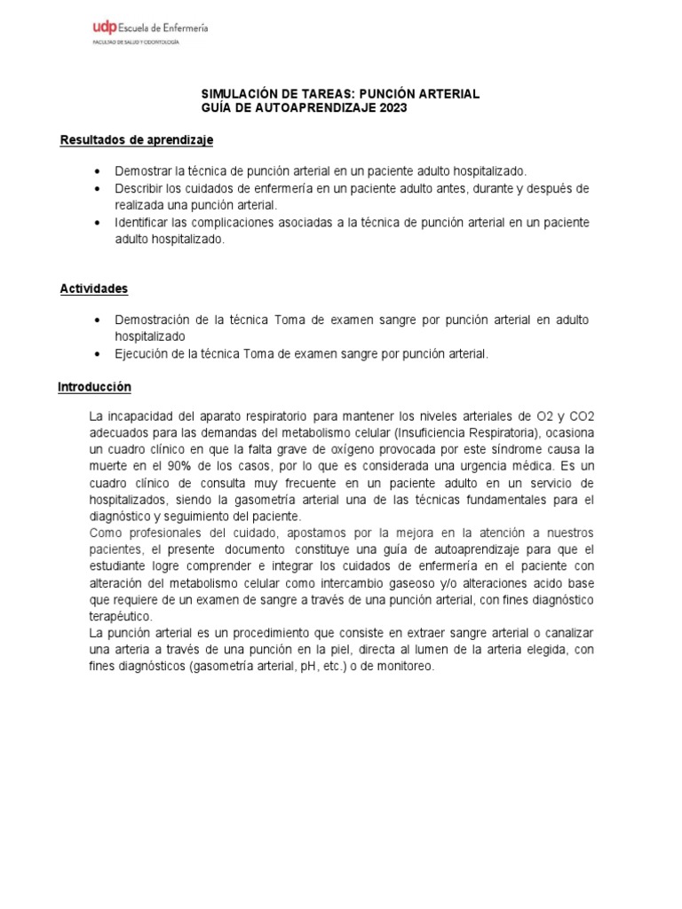 Guia de Autoaprendizaje ST Punción Arterial 2023 | PDF | Fisiología ...