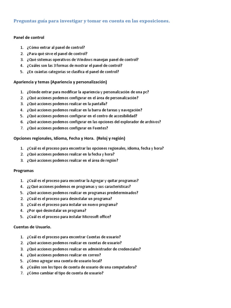 Panel de Control Preguntas Guia para Las Exposiciones | PDF