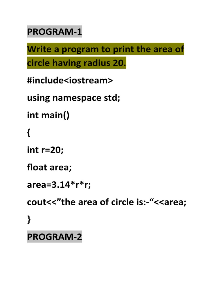 C++ Program 1 | PDF | Area | Namespace