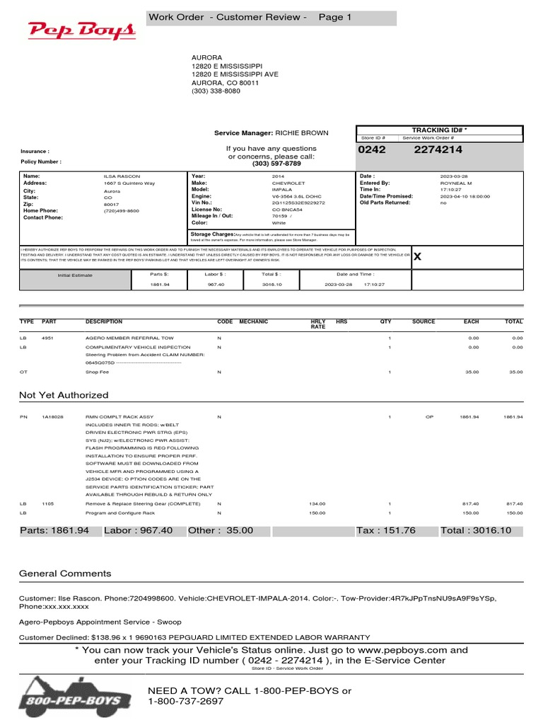 Pep Boys Vehicle Work Order Summary | PDF | Tire | Wheeled Vehicles
