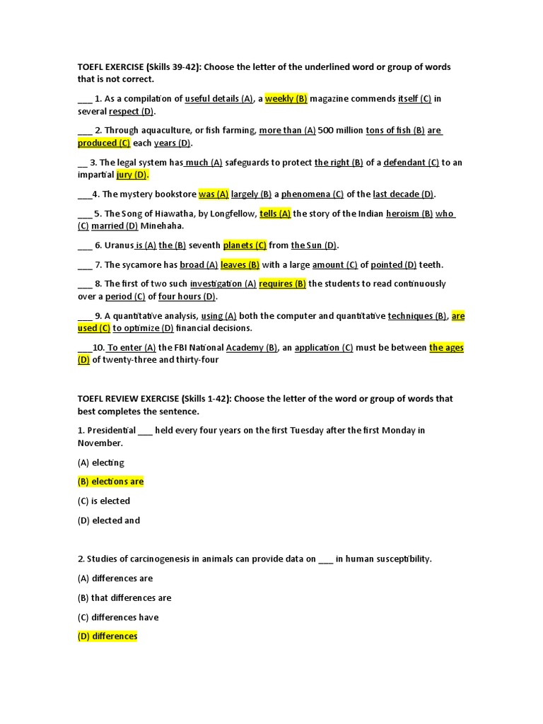 Toefl Exercises Structure 39-42 | PDF