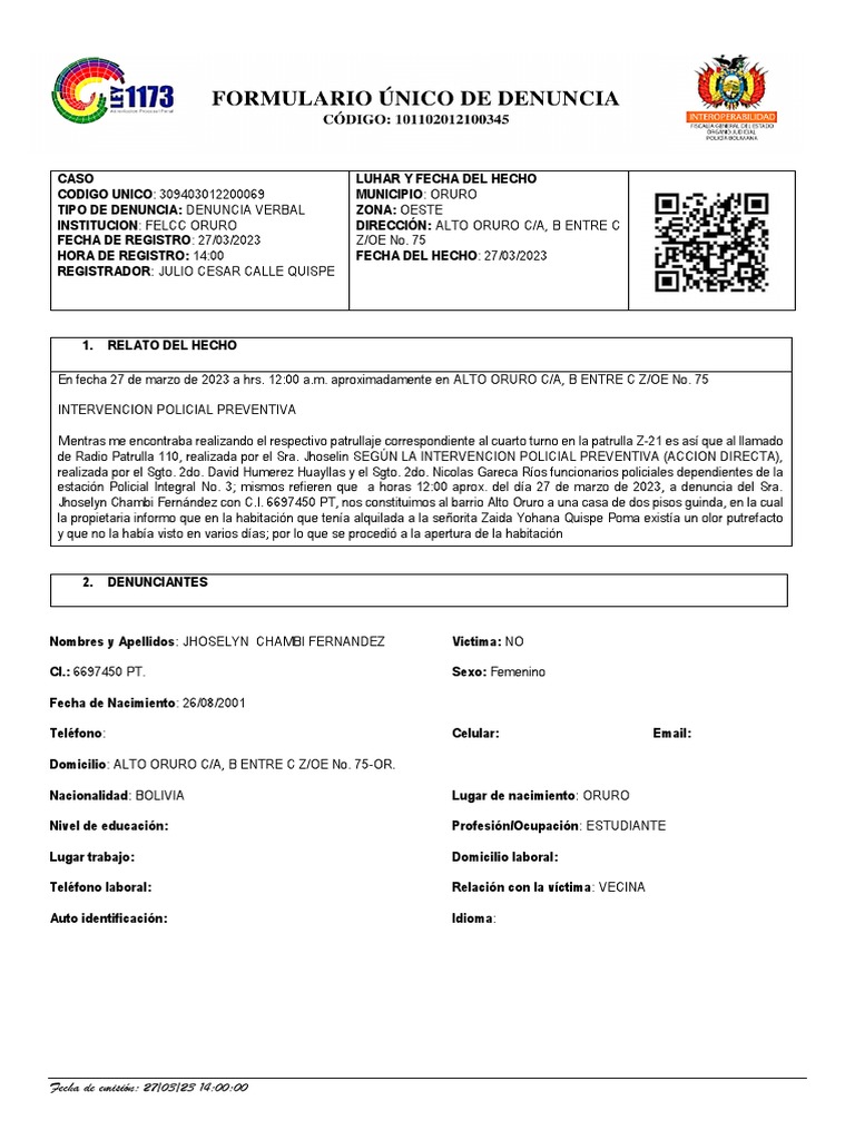 Formulario Unico de Denuncia PDF | PDF