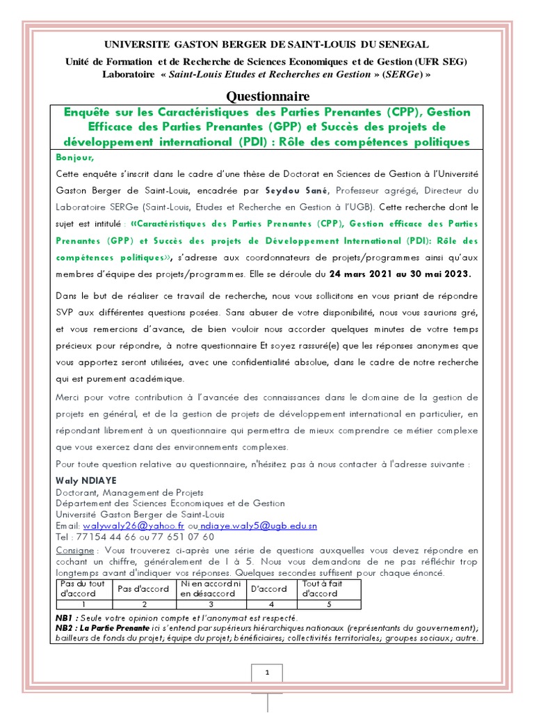 Version Finale Questionnaire D'enquête Sur Les CPP GEPP Et Succès Des ...