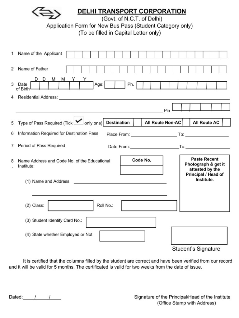 DTC Bus Pass Form PDF | PDF