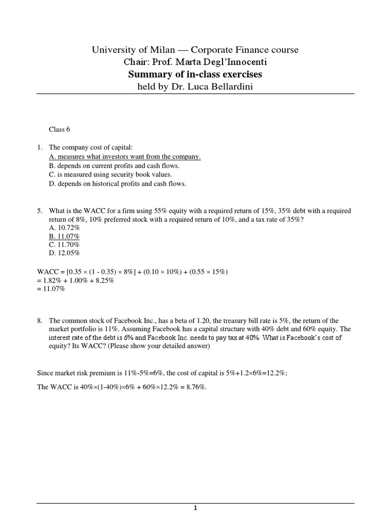 Corporate Finance Summary Of Exercises Pdf Pdf Stocks Cost Of