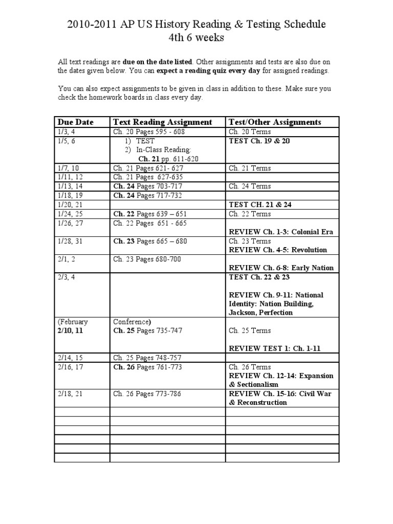 Apush 4th Six Weeks Reading Schedule 1011 | PDF