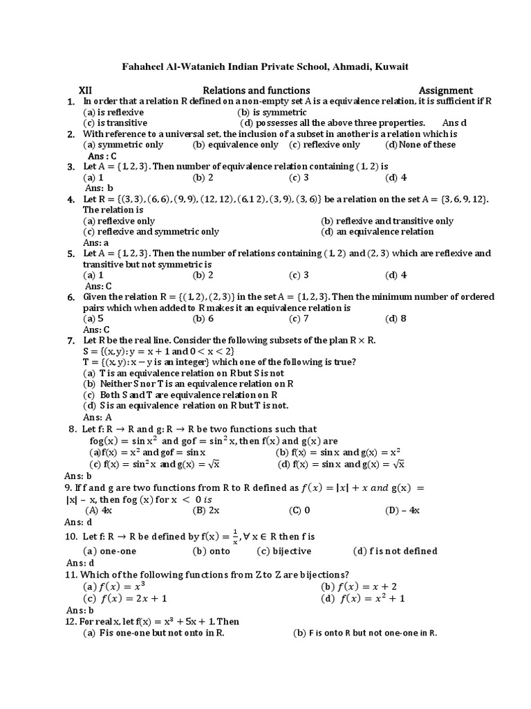 Relations And Functions Assignment Pdf Mathematics Mathematical