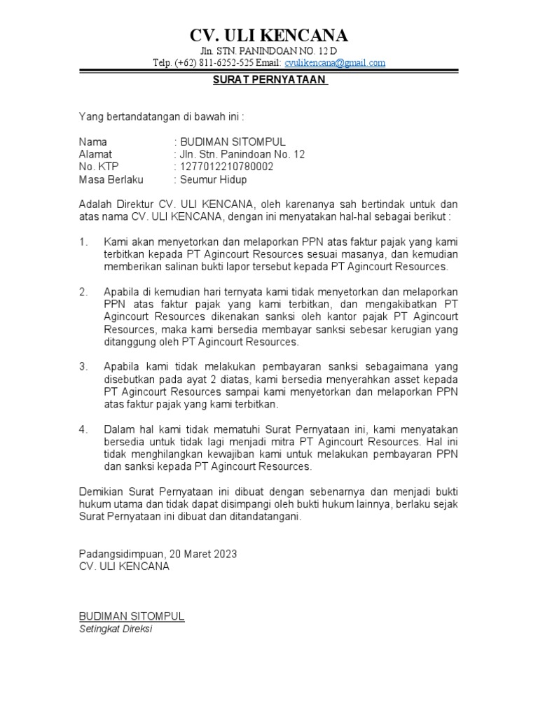 Surat Pernyataan PPN CV. ULI KENCANA | PDF | Karier & Perkembangan