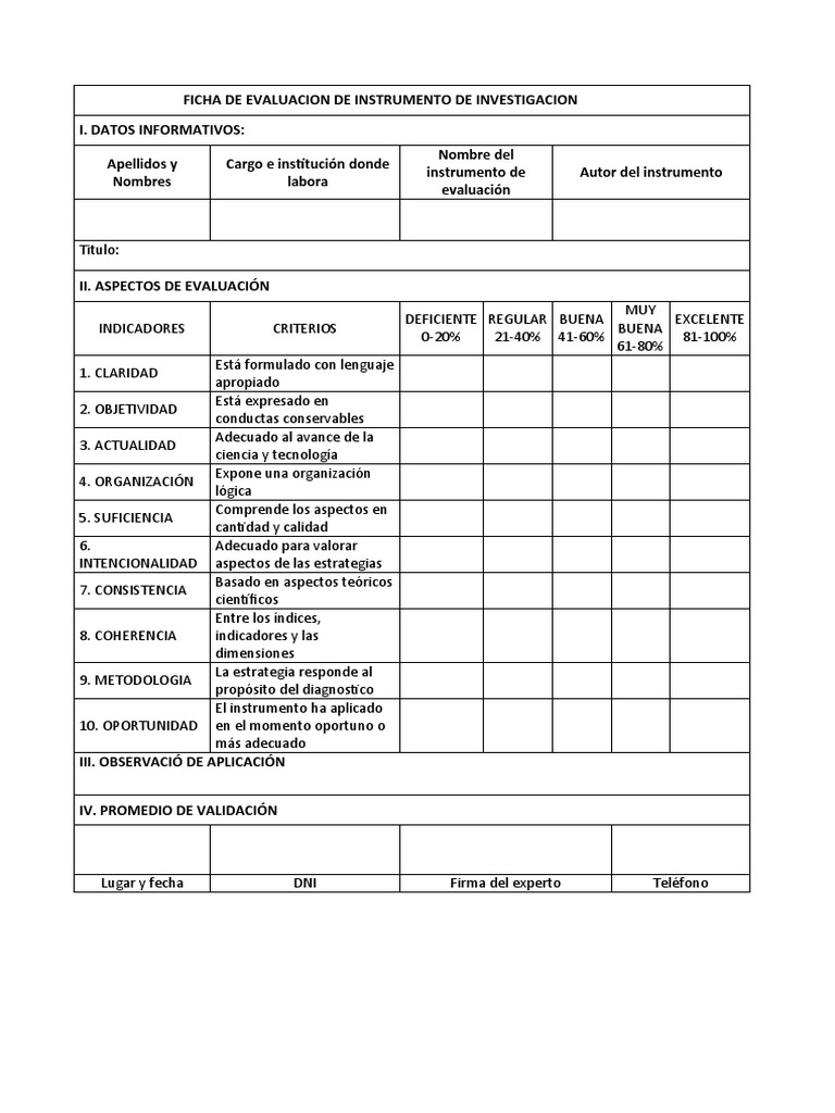 Ficha de Evaluacion de Instrumento de Investigacion | PDF | Evaluación | Cuestionario