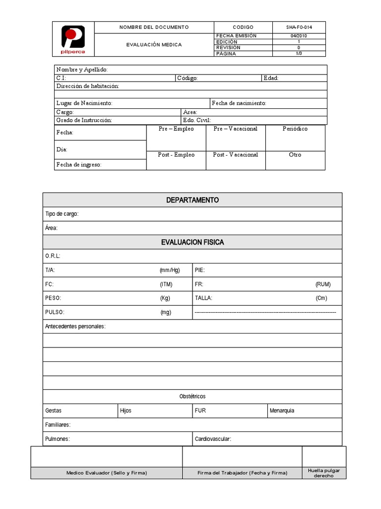 SHA-FO-014 Evaluacion Medica Pre - Post Empleo | PDF | Especialidades ...