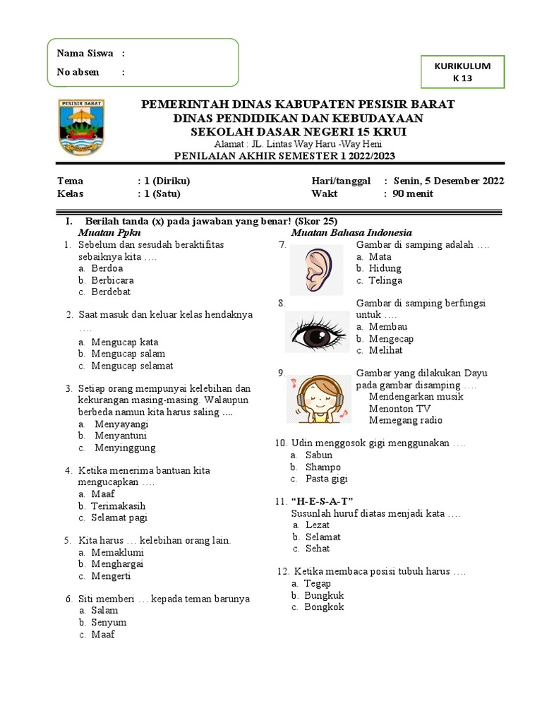 PAS Semester 1 Kelas 1 Tema 1 Fix 2022-2023 | PDF