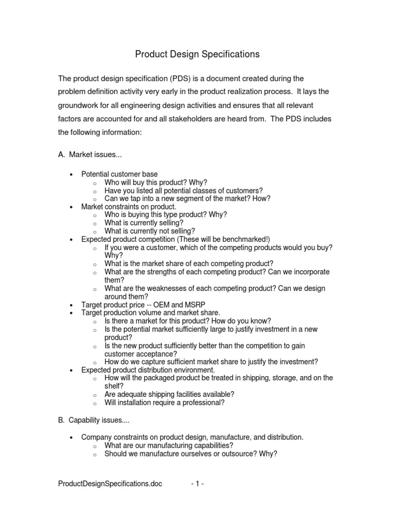 Product Design Specification Overview | PDF | Surveying | Packaging And ...